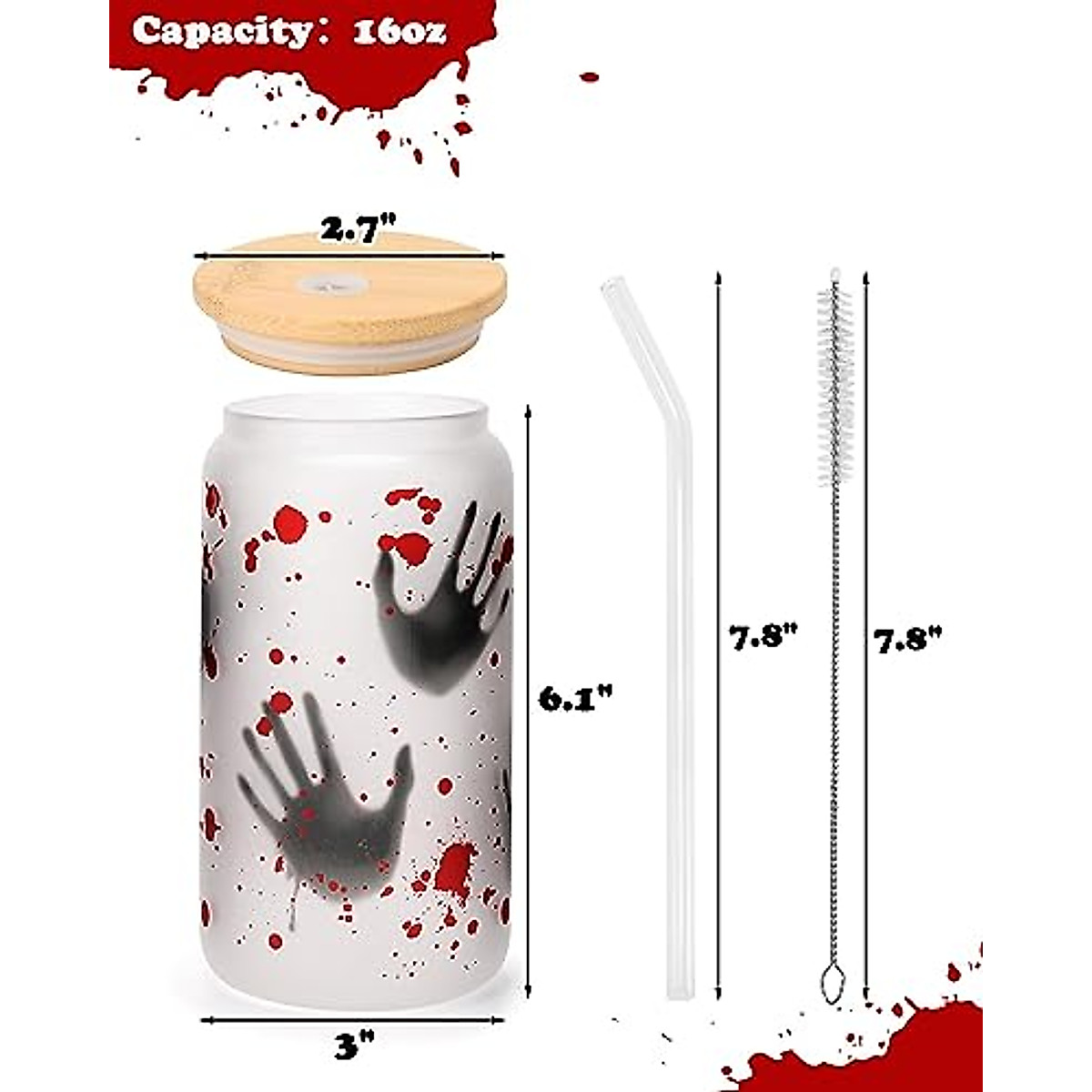 Nefelibata Halloween Horror Beer Can Glass 16 OZ Iced Coffee Cup with Lid Straw and Brush, Reusable Drinking Jar for Coffee Tea Juice Soda Halloween Party Decor Fall Christmas Gift Ideas Set of 1