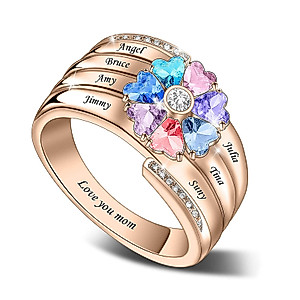 BAUMA AUTO Personalized Womens Ring with 2-8 Birthstones & Custom Names Sterling Silver Mother Ring Anniversary Rings for Mother's Day Women Grandma Wife (7 Name)