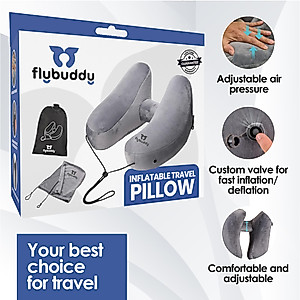 flybuddy Inflatable Neck Pillow for Traveling, Turtle Neck Pillow for Airplane Travel w/Travel Bag & Hood - Soft Microfiber Neck Pillow, Travel Accessory - Quickly Inflate in Seconds (Blue)