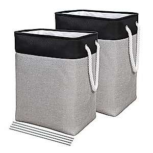 Sursay Products 2 Pack Sturdy Laundry Basket Clothes Hamper for Bathroom, Freestanding Collapsible Fabric Canvas Storage Organizer with Support Rods & Rope Handles Gray