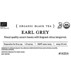 Tea Forte Earl Grey Loose Bulk Tea 1 Pound Pouch, Organic Black Tea, Makes 160-170 Cups