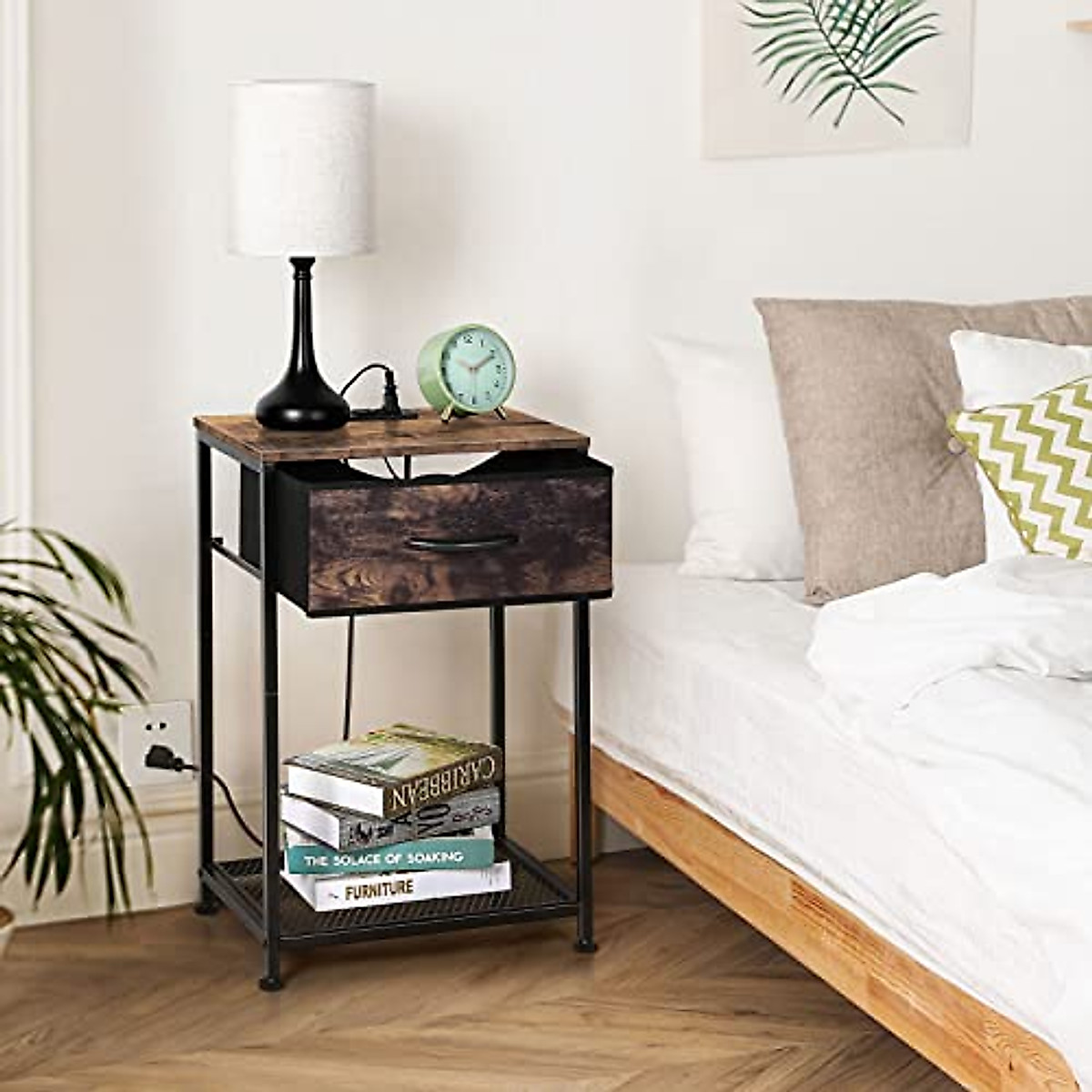 Bedroom Nightstands Set of 2 End Tables Living Room with Charging Station Farmhouse Side Tables Industrial Bedside Tables with Fabric Drawer for Small Spaces Guest Room Home Decor, Rustic Brown