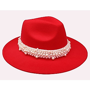 Qkrlamx Black Fedora Hats for Women Wool Panama Hat with Pearl Band Wide Brim Felt Hat Classic Trilby Hat Red