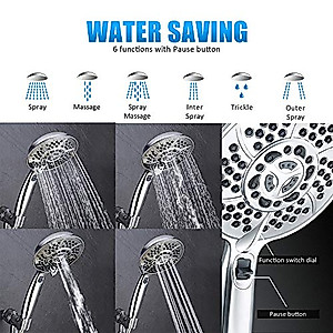 Handheld Shower Head, WASSERN 5.2'' High Pressure 6 Setting 81 Jets Rainfall Massage Water Saving Trickle Pause Extra Long 80'' Stainless Steel Hose Angle Adjustable Brass Ball Joint Bracket Chrome