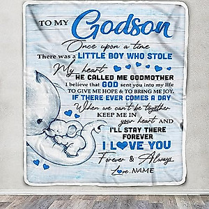 TeesNow Personalized to My Godson Elephant Blanket from Godmother I'll Stay There Forever Godson Birthday Christmas Customized Bed Quilt Fleece Throw Blanket (30 x 40'' - Baby Size) 1068