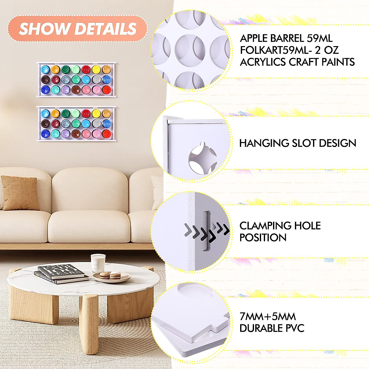 Hicarer 2 Pcs 21 Holes Craft Paint Storage Organizer Vertical Paint Rack Stand Paint Storage Containers Wall Mounted Paint Holder Removable Paint Organizer Box for 2oz Paint Bottle Art Supplies