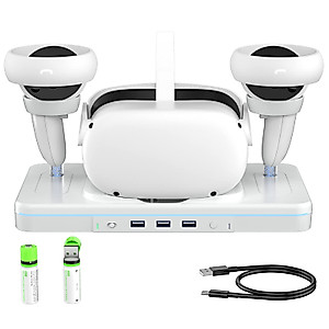 VR Charging Dock for Oculus Quest 2/Meta Quest 2, VR Accessories Charging Station with 2 Rechargeable Batteries Support Colorful Lights