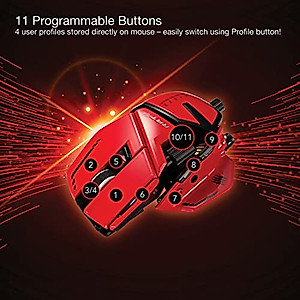 Mad Catz R.A.T. 8+ ADV Fully Adjustable Wired Gaming Mouse - Metal Base - 20000 DPI - 11 Programmable Buttons -4 User Profiles Stored Directly – Customize RGB LED- Tunable Weight System - Red