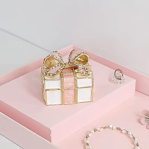 Mini Enamel Rhinestones Bow-knot Jewelry Box Bow-knot Hinged Trinket Box Bow Bling Trinket Box Miniature Figurine Ring Box for Women Girls Wedding Birthday Gift Christmas (Pink)