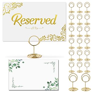 KAnduo 20 Pieces Double sided gold foil reserved card with bracket- Includes Free Green Leaf Blank Cards - Reserved Signs for Wedding, Chair and Table Signs, Reserved Seating Signs, White