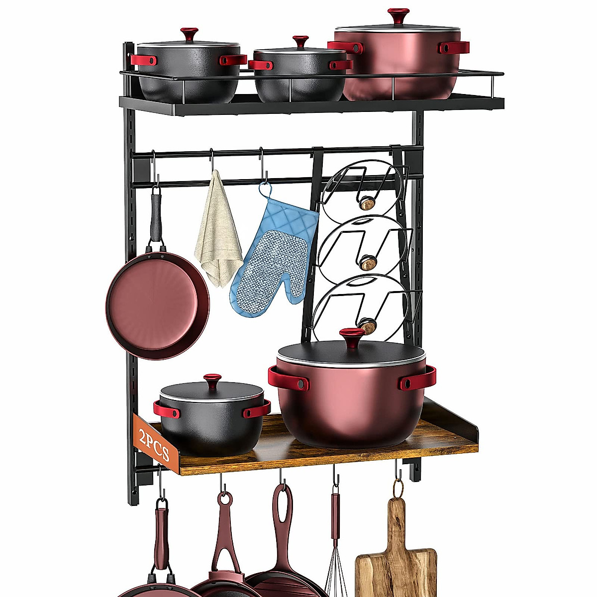 Zitaloken Hanging Pots and Pans Organizer, 2 Packs Adjustable Kitchen Shelves Wall Mounted, Pot Lid Holder Cookware & Cutting Board Storage Rack with 18 Hooks,Matte Black