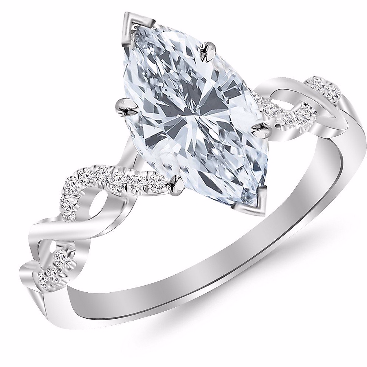 1.13 Ctw Marquise Cut Twisting Infinity Gold and Diamond Split Shank Pave Set 14K White Gold Diamond Engagement Ring (J-K Color I1-I2 Clarity 1 Ct Center)