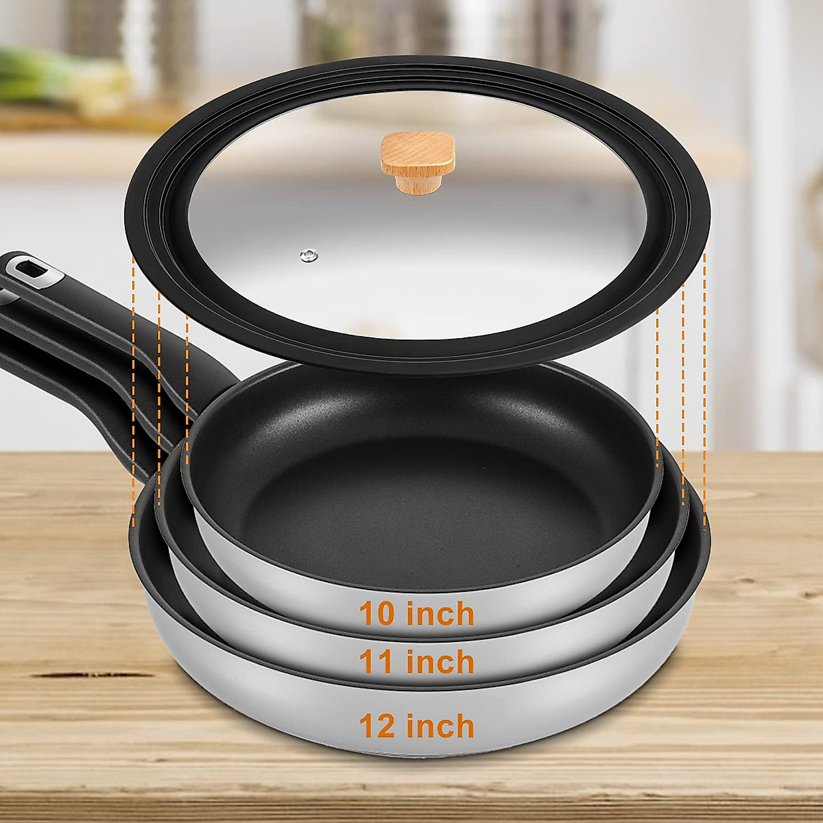 Wadaza Universal Lid for Pots and Pans - Tempered Glass Pan Lid with Wooden Knob, Dishwasher Safe Pot Lid, Fits 10, 11, 12 Inch Frying Pan Wok Skillet Cookware