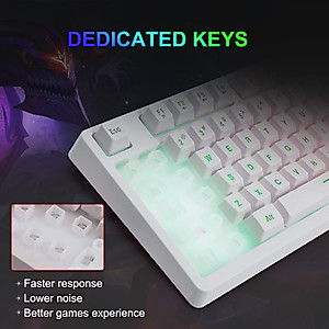 HUO JI White Gaming Keyboard USB Wired with Rainbow LED Backlit, Floating Keys, Mechanical Feeling, Spill resistant, Ergonomic for Xbox, PS Series, Desktop, Computer, PC