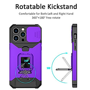 Nvollnoe for iPhone 14 Pro Max Case with Sliding Camera Cover and Card Holder Heavy Duty Protective iPhone 14 Pro Max Case with Ring Magnetic Kickstand Phone Case for iPhone 14 Pro Max(Purple)