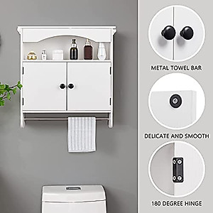 GREATMEET Wood Bathroom Cabinet with Towels Bar and 2 Shelves, Wood Towel Cabinet with 2 Doors, Medicine Wall Mounted Cabinets for Bathroom, Laundry Room, Kitchen, White