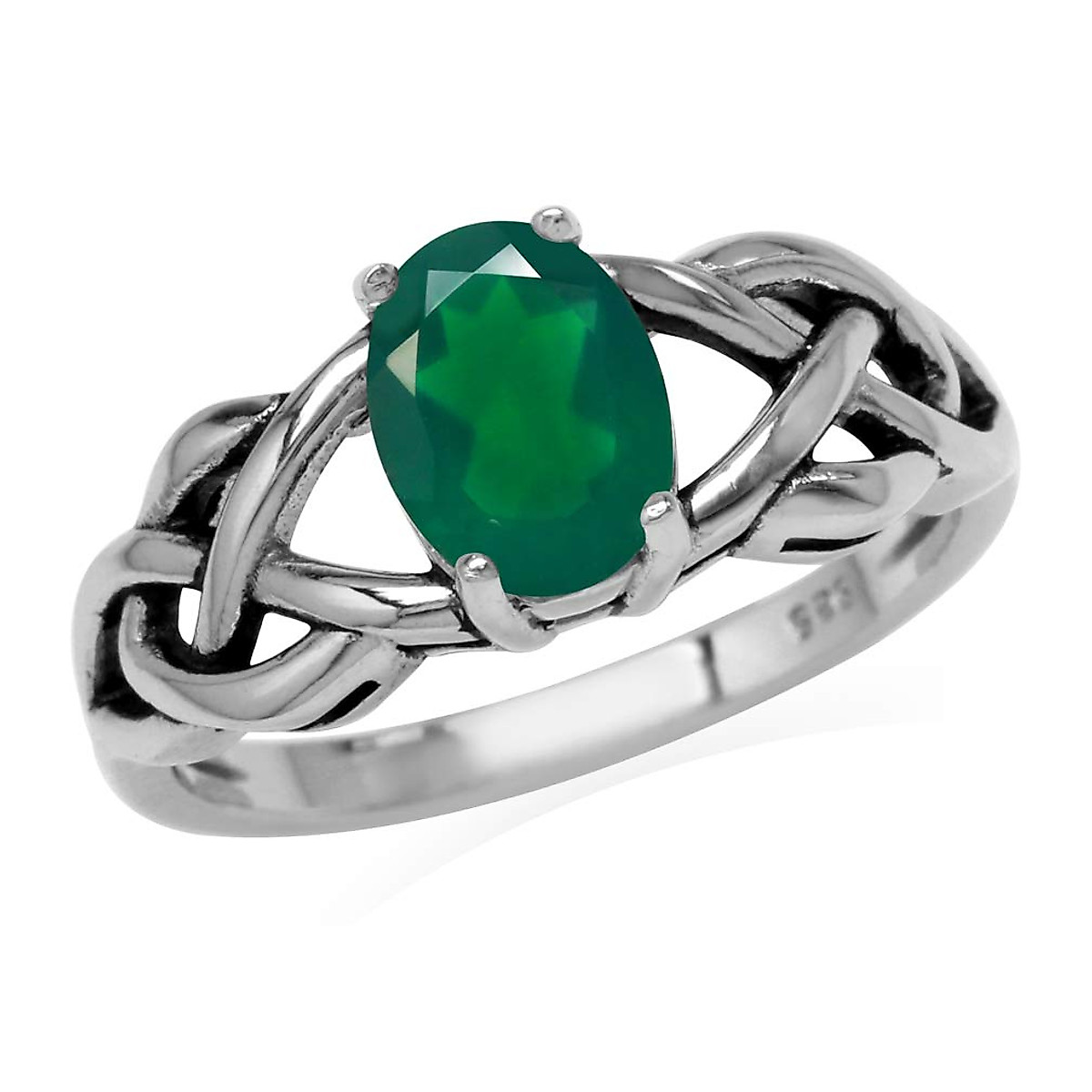 Silvershake 1.12ct. Natural Emerald Green Agate 925 Sterling Silver Celtic Knot Solitaire Ring Size 8