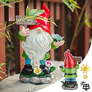 Ovewios Garden Gnomes Statue with Solar Lights, Large Garden Gnome Outdoor Funny Figurines Holding Welcome Sign and Bee Garden Decor for Outside Patio Yard Lawn Sculpture Ornament Gifts