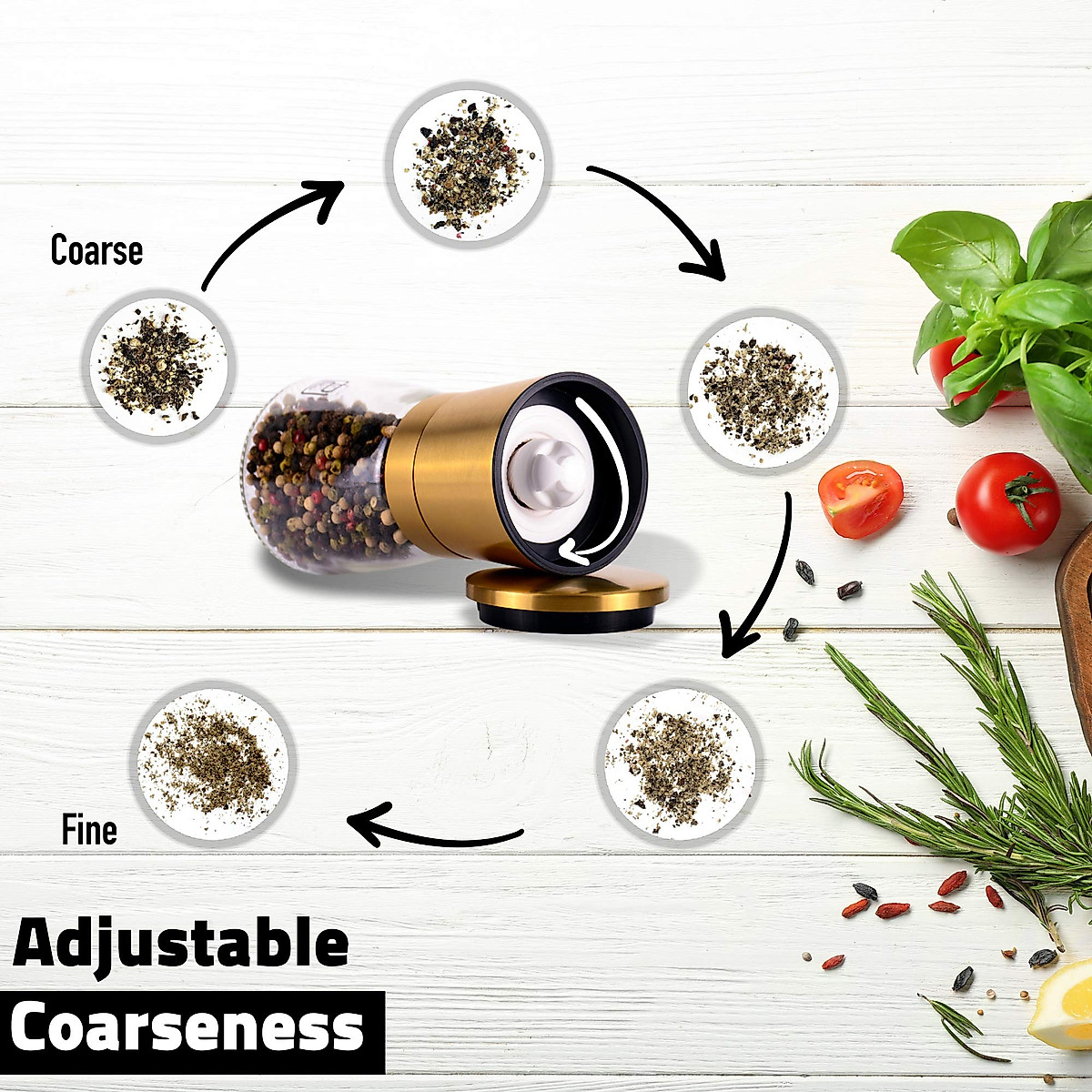 Grinder Set - Golden Salt and Pepper Shaker Mill - Brass Pepper Grinders Refillable - Adjustable Coarseness - Sea Salt, Black Peppercorn