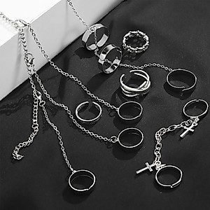 IFKM Vintage Silver Chain Finger Rings Bracelet, Gothic Punk Emo Cross Cool Simple Rings, Adjustable Statement Stackable Rings For Wen Women