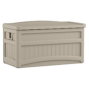 Suncast DB7500 73 Gallon Waterproof Outdoor Storage Container for Patio Furniture, Pools Toys, Yard Tools-Stor Deck Box, With Wheels, 73 Gal, Light Taupe