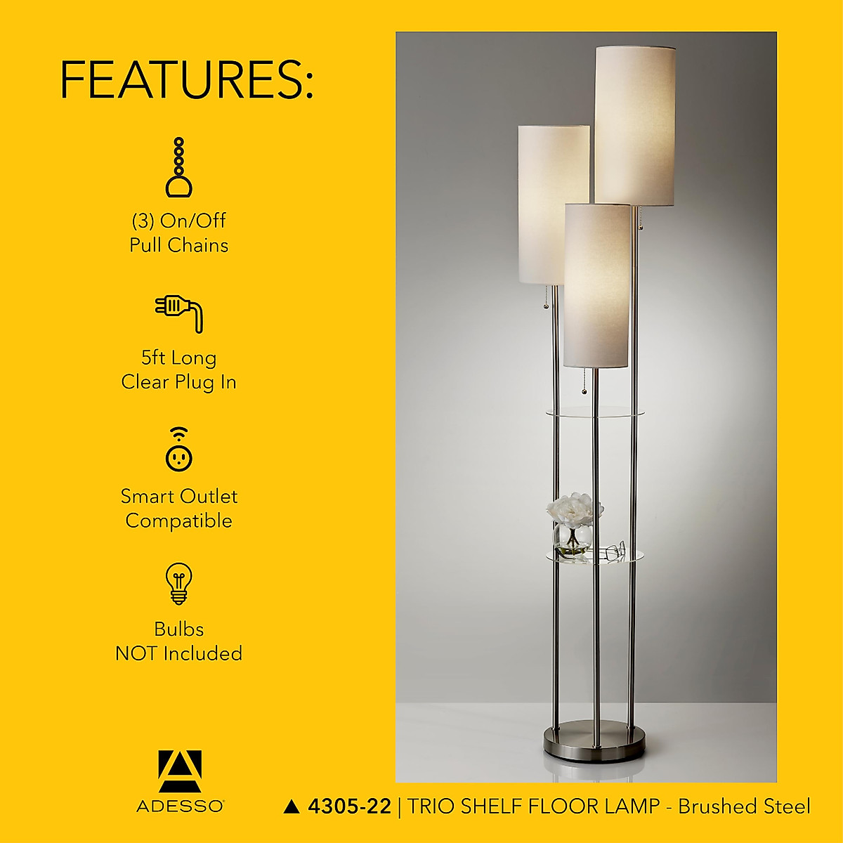 Adesso 4305-22 Trio Floor Lamp, 68.00 x 14.00 x 11.70 inches, Brushed Steel