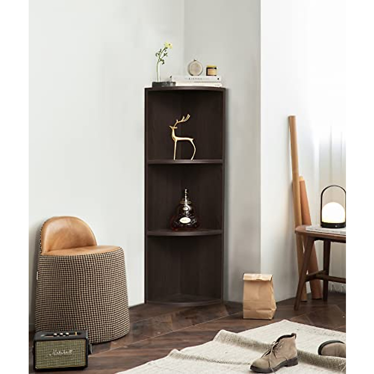 EREFAS 3-Tier Corner Wood Bookcase Corner Shelf Stand Wall Corner Cabinet Storage Shelves Industrial Rack for Bedroom，Living Room and Office （Black）