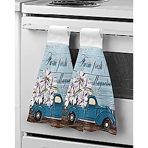 Chucoco Garden Magnolia Flower Blue Truck Kitchen Hanging Towel, Set of 2 Absorbent Soft Hand Tie Towel Watercolor Retro Wood Grain Durable Tea Bar Dish Towels for Bathroom Laundry Room Decor