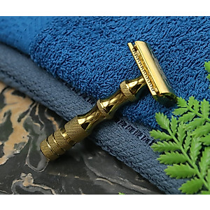 Gold ~ Double Edge Safety Razor ~ 50 Razor Blades - Razor Meister Prime Safety Razor Shaving Kit for Men - Safety Razor Leather Case - German Stainless Steel 24K Gold - Mild