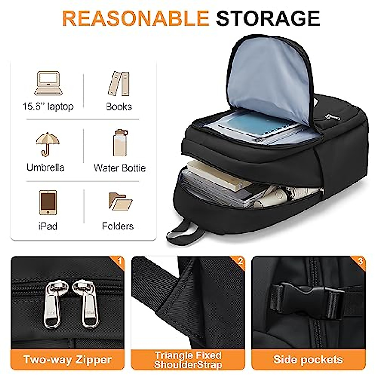 weradar Classic Black College Backpack For Women Lightweight Small Travel Backpack Waterproof high School Backpack Laptop Backpacks 15.6 Inch for men