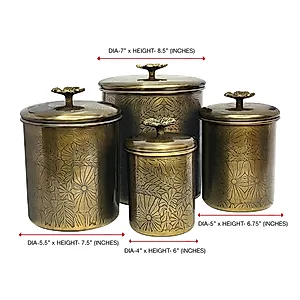 nu steel Set Of 4 Food storage Container Kitchen Flower etching Canister with gold finish