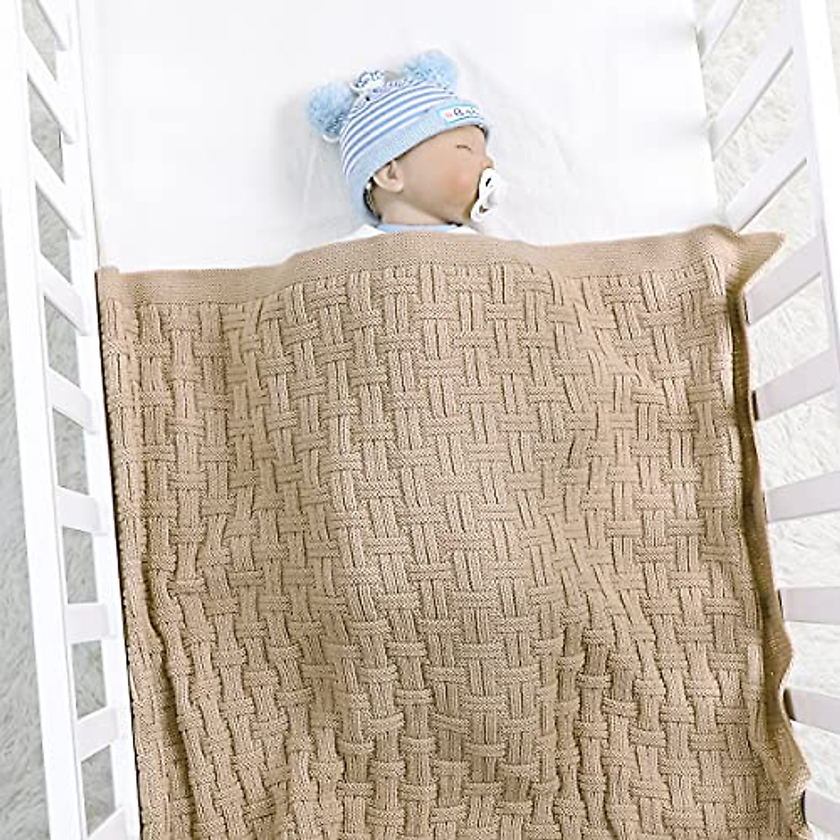 LAWKUL Baby Crochet Blankets Knit Baby Blanket Waffle Weave Cellular Newborn Swaddle Receiving Cable Knit Blanket for Boys and Girls Gender Neutral Camel Blankets Size 40X30 Inches