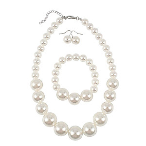 Daimay Large Big Simulated Pearl Statement Women's Faux Pearl Crystal Choker 19" Necklace Bracelet and Earrings Jewelry Set Round Beads Turquoise Necklace Bib for Brides Wedding Party – White