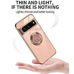 ZOEVEES for Google Pixel 7A Case with Screen Protector and Camera Protector, Built-in 360° Ring Holder Magnetic Stand, Luxury Electroplated Plating Edge Shockproof Protective Phone Cover, Pink