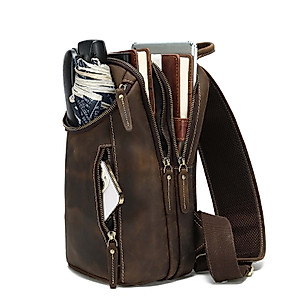 Taertii Small Leather Sling Bag, One Strap Shoulder Crossbody Chest Backpack Daypack for Hiking Travel - Brown (8"x13")