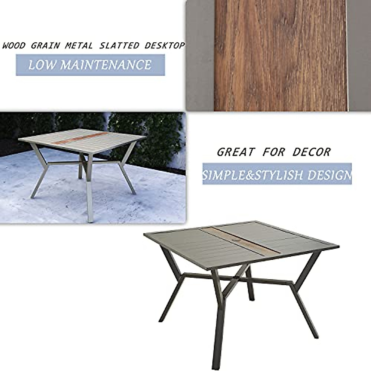 LOKATSE HOME Patio Dining Metal Square Table Outdoor Furniture with 2.1" Umbrella Hole, Steel Legs, Grey