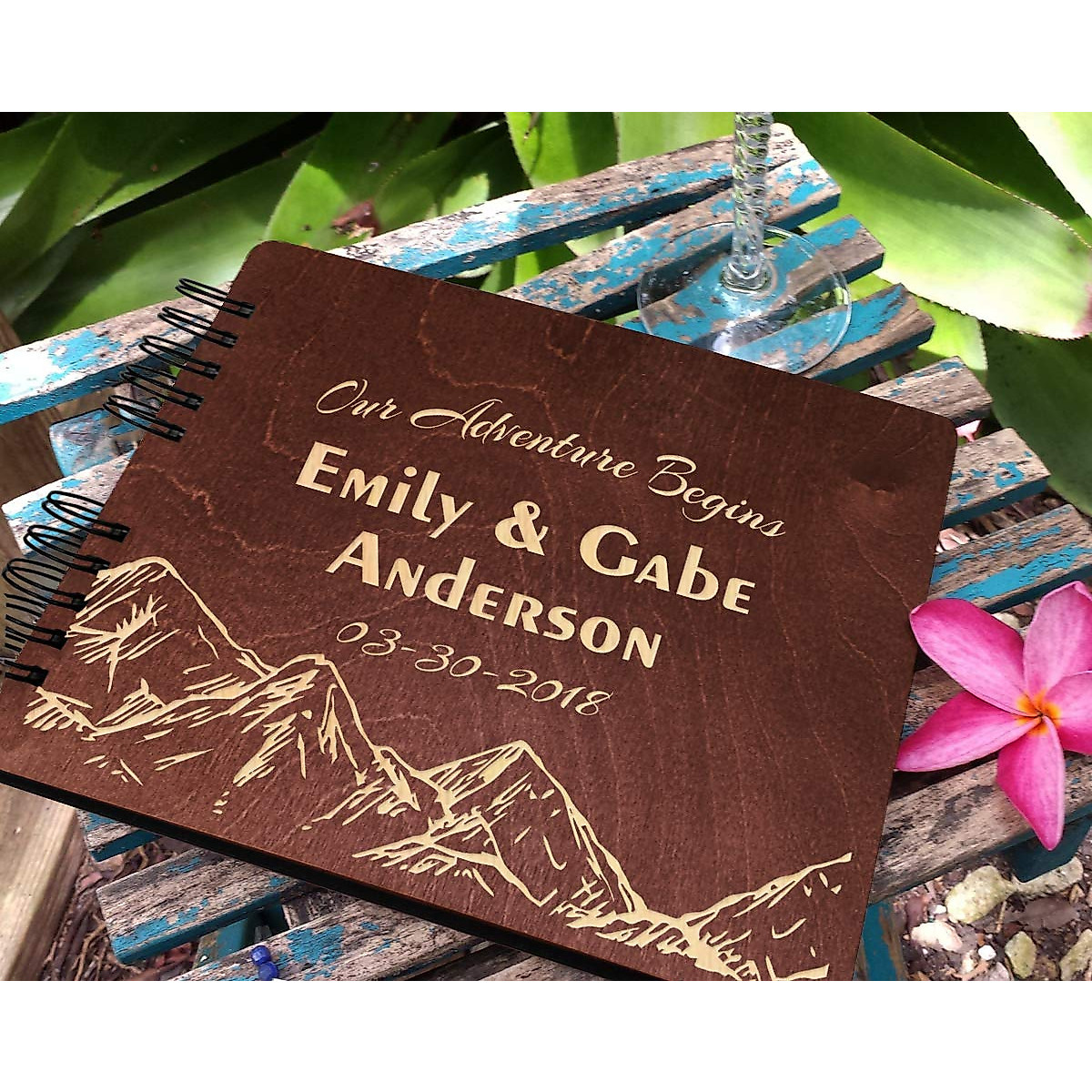 Wooden Guest Book Our Adventure Begins GuestBook Wedding Sign in Rustic Bride Groom Registry Album Customize Engraved (8.5"x7")