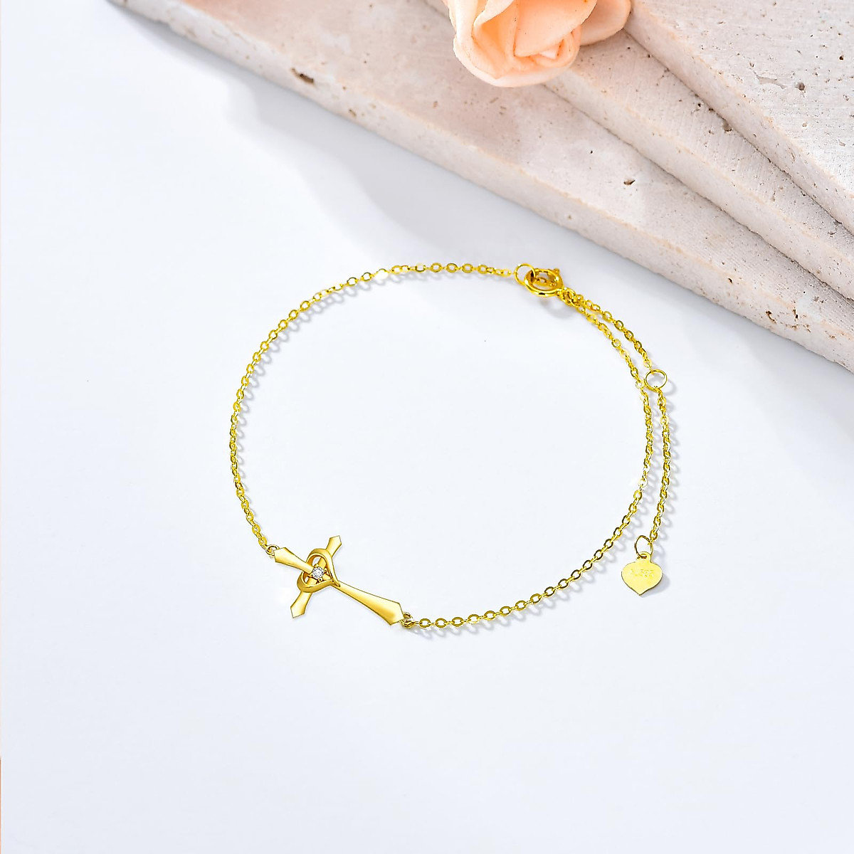 YDD 14k Solid Gold Cross Bracelet for Women Cross Bracelets Jewelry for Women Gold Heart Cross Bracelet Jewelry Gift for Her 6.5''-8.5''