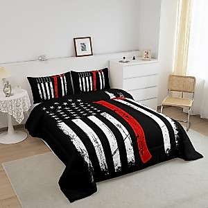 Boys Firefighter Twin Size Comforter Set,Kids American Flag Decor All Season Bedding Set,Teens Fireman Comforter,Children Red Black White Decor Quilt Set Bedroom Collection 2Pcs