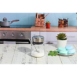 J&M DESIGN Sugar Bowl With Lid And Spoon Creamer & Dispenser Bowls Set For Kitchen Countertop Coffee Bar Accessories Containers Glass Milk Carton 7oz Holder Sugar Container Jar Stainless Steel Lid