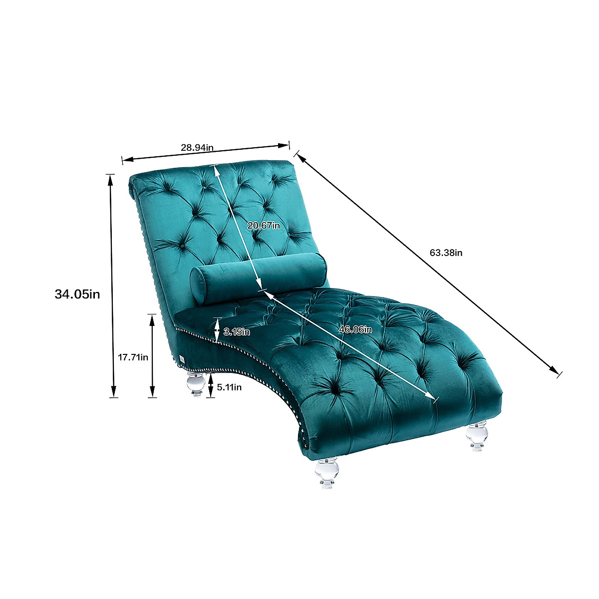 TRIPLE TREE Leisure Concubine Sofa with Acrylic Feet for Adults, Velvet Barrel Sofa with Lumbar Support Pillow, Traditional Design Chaise for Home Living Room, Bedroom, Reading Room, Office, Teal