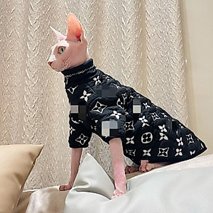 Sphynx Cat Clothes Breathable Pure Cotton Fashion Icon Cat Sweater Kitten Outfit with Sleeves for Sphynx Cornish Rex, Devon Rex, Peterbald (S, Black)