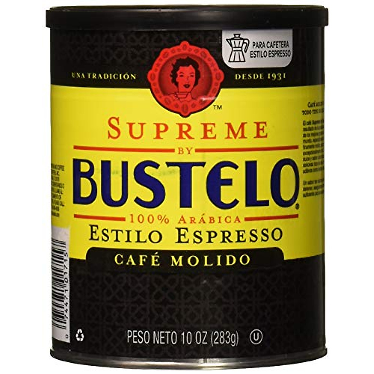SUPREME BUSTELO ESPRESSO GROUND COFFEE CAFFEINE CAN 10 OZ - 0074471017152