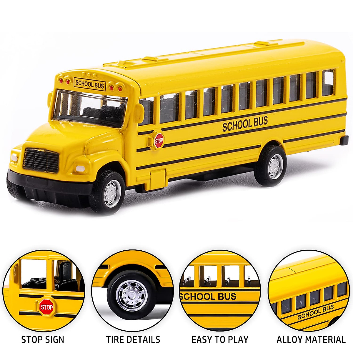 KOMENDANT 2 Pack 5.5inch Pull Back School Bus Playset, Die-cast Metal Toy Play Vehicles with Yellow for Kids Boys Toddlers