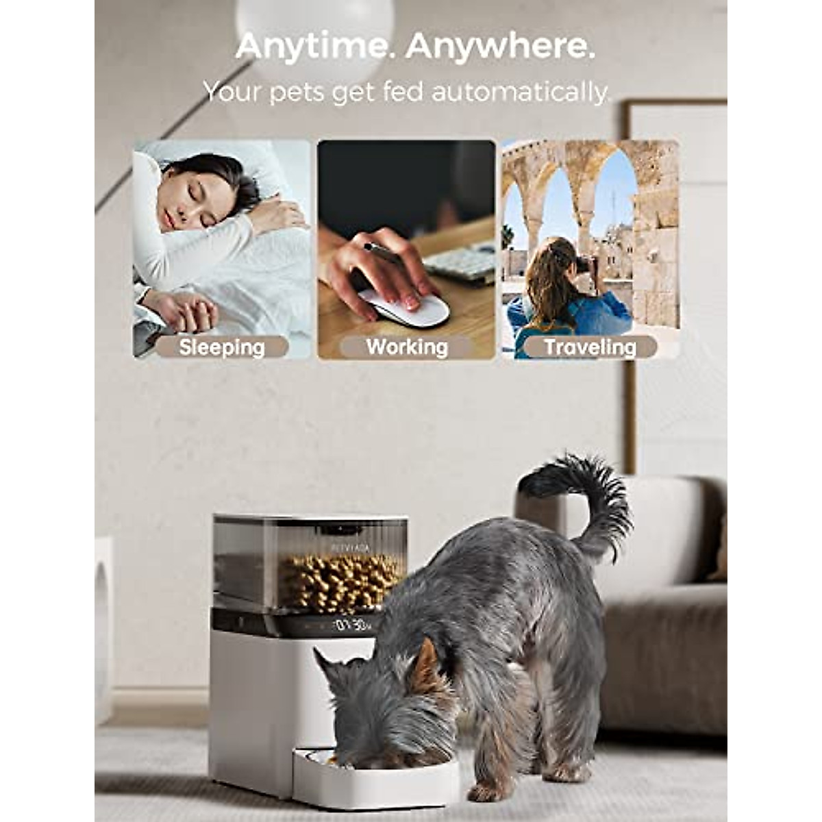 PETVIAGA Automatic Cat Feeder with APP Control, Wifi Smart Pet Feeder with Lock Lid, Clog-free Motor & Stainless Steel Bowl, 5L Cat Food Dispenser for Dry Food with 6 Daily Meals & 20 Portions Control