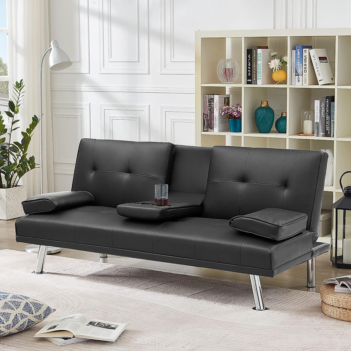 Modern Futon Sofa Bed with 2 Cupholders, PU Leather Convertible Upholstered Couch Bed Loveseat Sleeper, Folding Small Couches Love Seat, Reclining Sofa, Removable Armrests for for Small Spaces (Black)