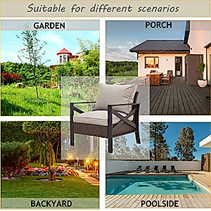 LOKATSE HOME Outdoor Single Wicker Sofa Armchair, Patio Bistro Rattan Chair with Side X Shaped Steel Frame Leg, Thick Cushion, Brown