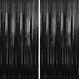 Crosize 2 Pack 3.3 x 9.9 ft Black Foil Fringe Backdrop Curtain, Streamer Backdrop Curtains, Streamers Birthday Party Decorations, Tinsel Curtain for Parties, Photo Booth Backdrops, Party Décor