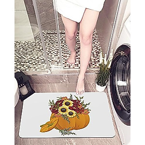 KITHOME Bath Mat for Bathroom Non Slip Thanksgiving Pumpkin Sunflowers Diatomaceous Earth Bath Mats Highly Absorbent Door Mat Diatom Mud Washable Bathroom Mat for Tub Shower 16x24 Inch