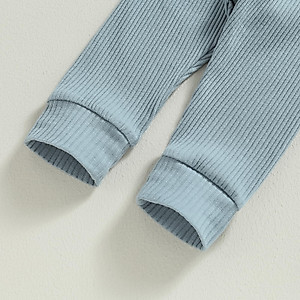Newborn Baby Boy Girl Clothes Ribbed Knitted Long Sleeve Romper Pants Solid Cotton Infant Fall Winter Outfits 2Pcs (Striped Blue, 0-3 Months)